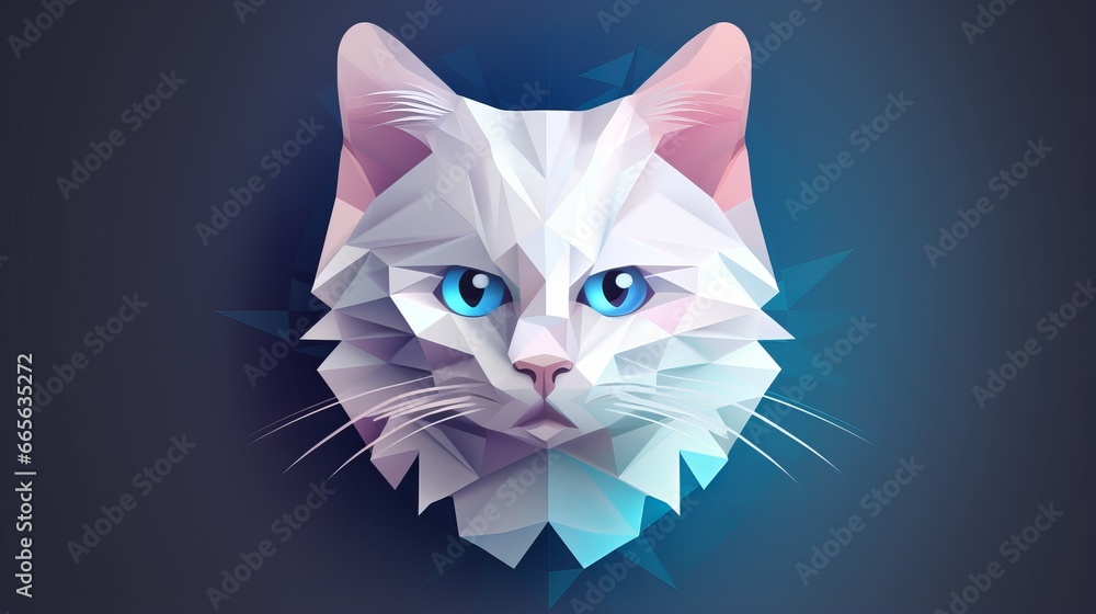Vibrant multicolored polygonal cat face on gradient background, captivating geometric cat logo ...