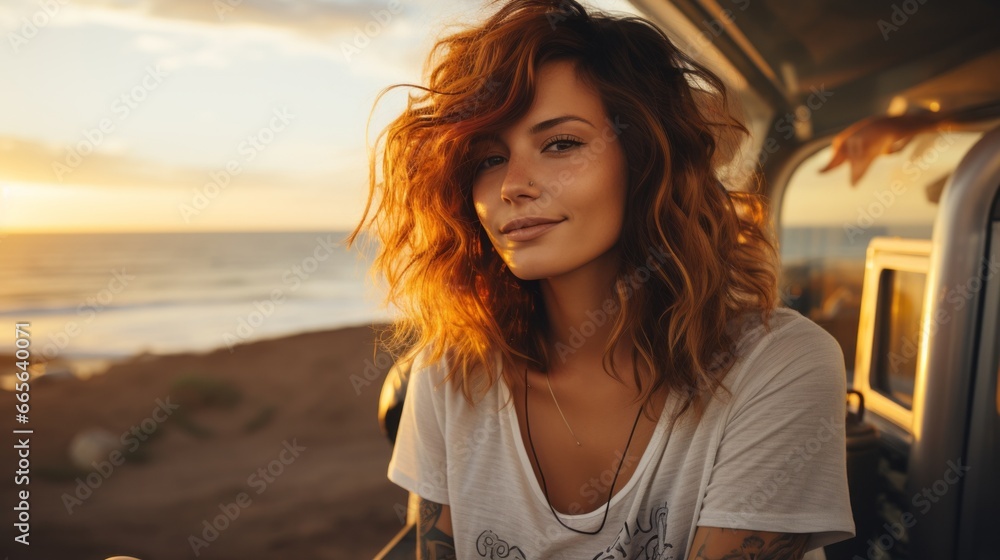 A fiery woman with crimson locks and a vibrant arm tattoo stands ...