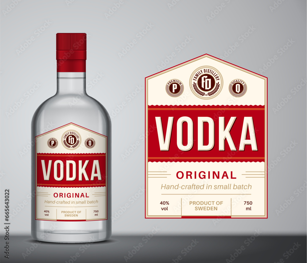 Vector red and beige vodka label template. Vodka glass bottle mockup ...