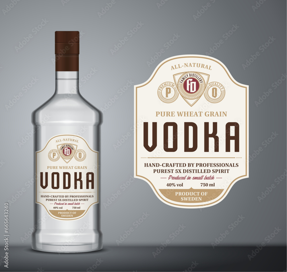 Vector vodka label template. Vodka glass bottle mockup. Distilling ...