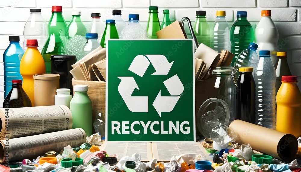 Assortment of recyclable materials, including plastic bottles, paper ...