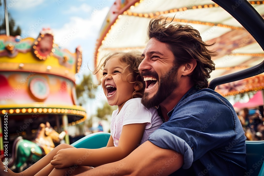 Happy sIngle father and his daughter having fun together at a amusement ...