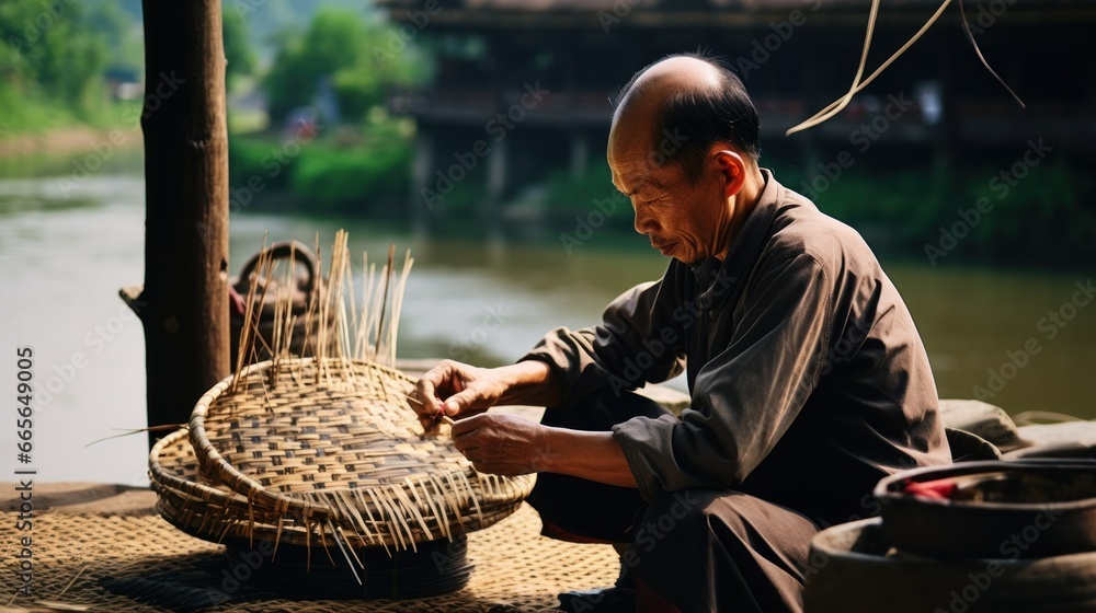 Asian man weaving basket. Manual labor and Heritage Crafts. Rustic ...