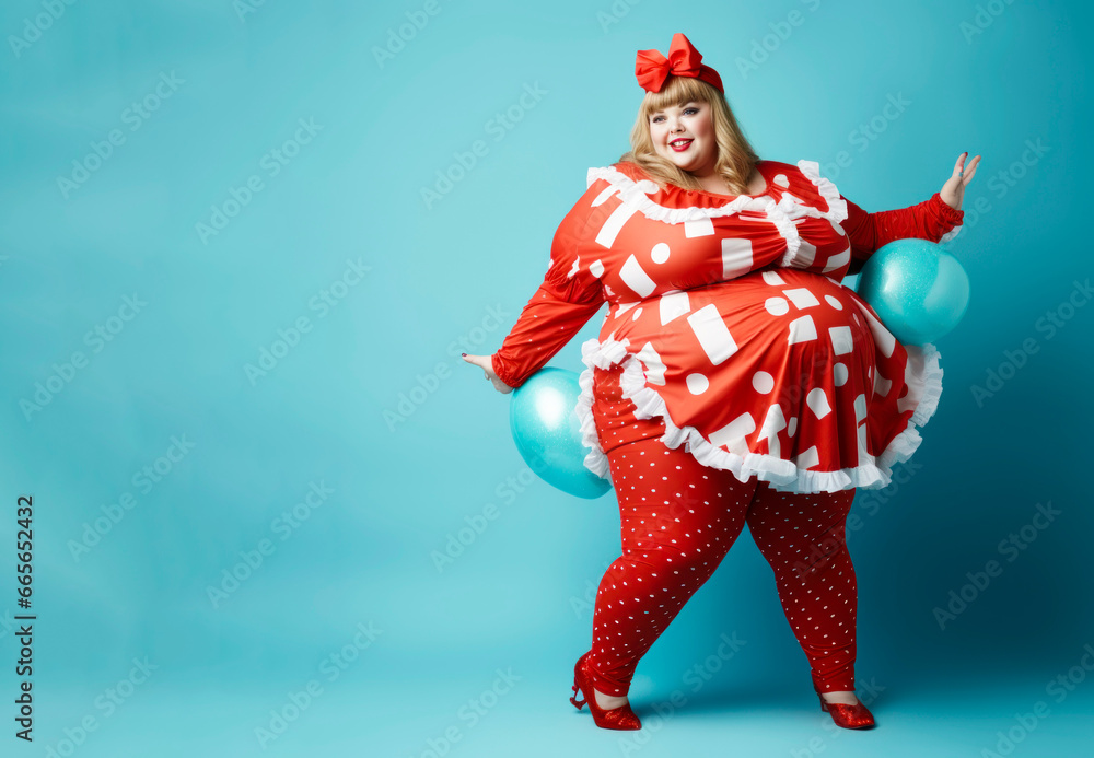 Plus size happy plump girl attractive overweight model on blue ...