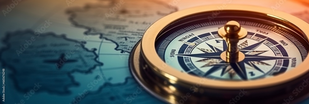 Magnetic compass and location marking with a pin on routes on world map ...