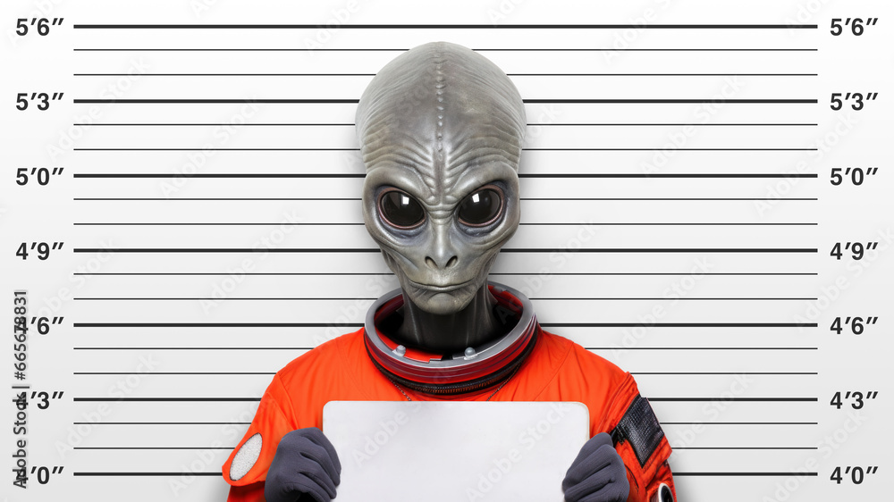 Police-style mugshot of an alien character dressed in an orange ...