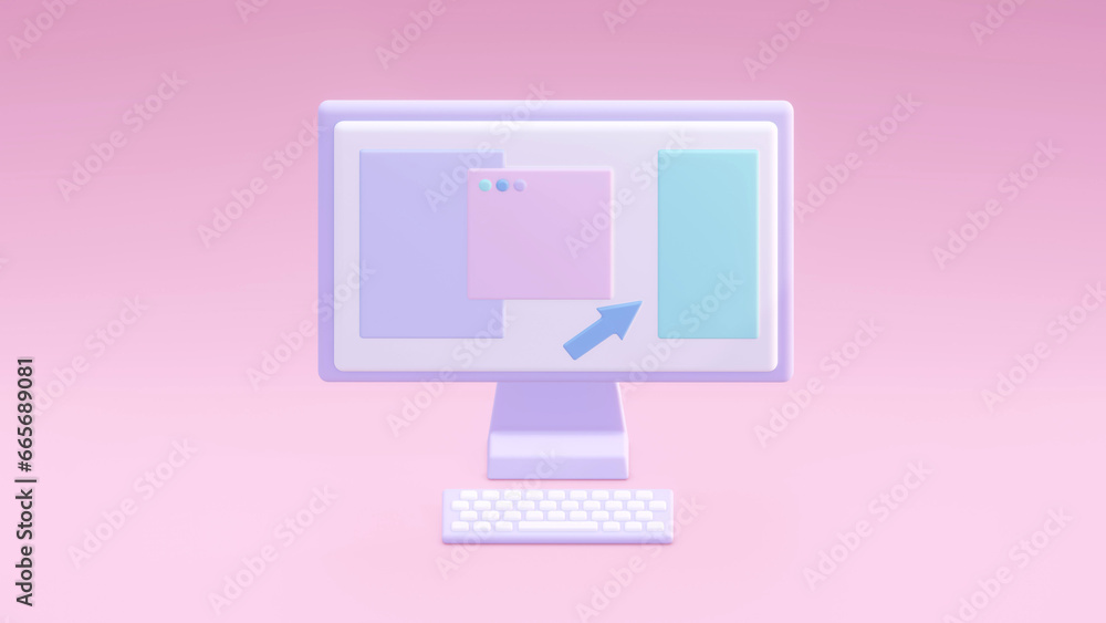 3d render of computer and keyboard in workplace. LCD monitor with open ...