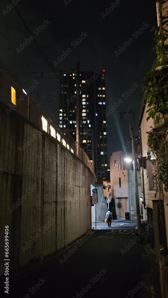 Vertical view of a dimly lit alleyway at night with a solitary figure ...