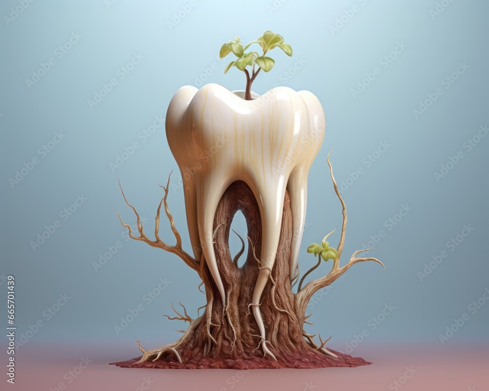 Plastic tooth mascot with tree roots and leaves growing out of it ...