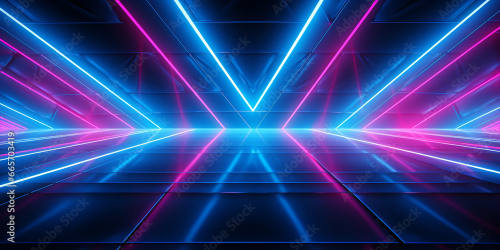 Neon dark stage shows empty room: neon light, spotlights, dark blue ...