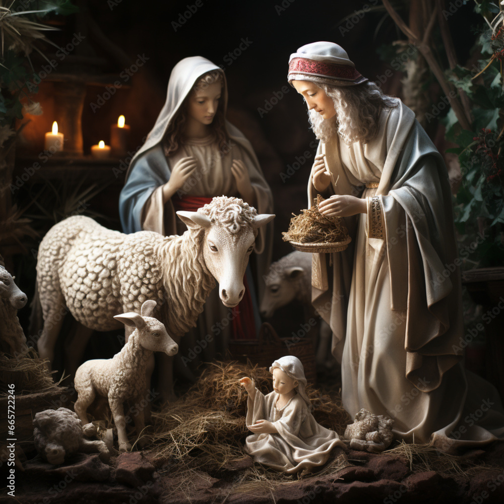Christmas nativity scene, with the three kings, sheep and donkeys and ...
