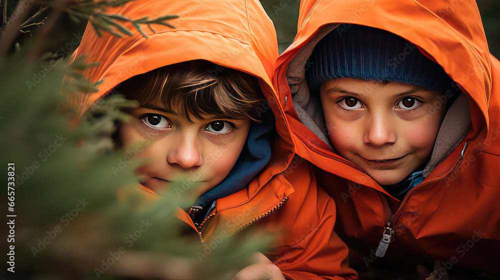 Two cute kids hiding behind tree in the woods. An exciting hike for ...