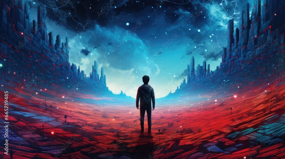 Glitchy figure in a fragmented digital landscape with scattered pixels ...