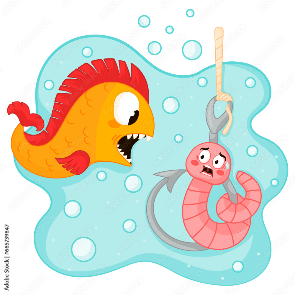 Cute cartoon scared earthworm character sitting on a fishing hook under ...