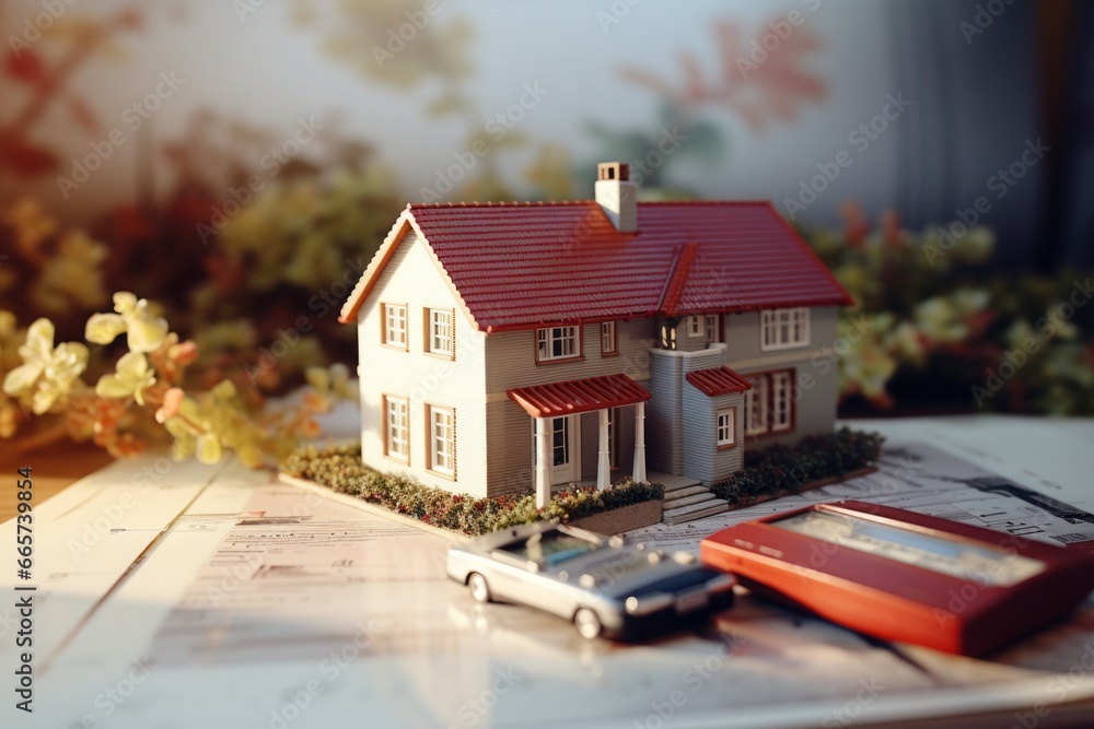 House model on architecture blueprint plan. Individual real estate ...