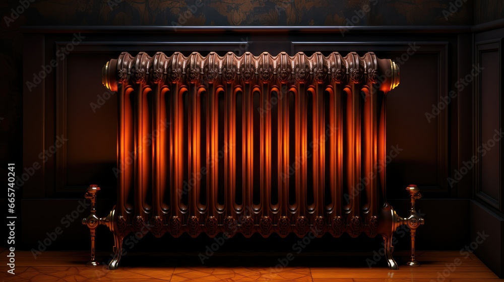 Dimly lit room with a hyper-realistic radiator emitting a warm glow ...