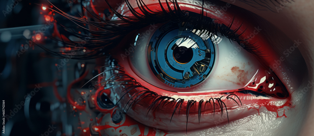 Robotic blue eye,realistic close up view, panorama. A futuristic ...