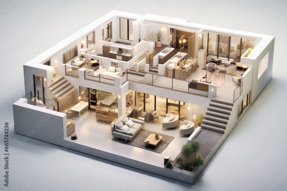 Cutaway View of Modern Home: Two-Story Detailed Interior Layout with ...
