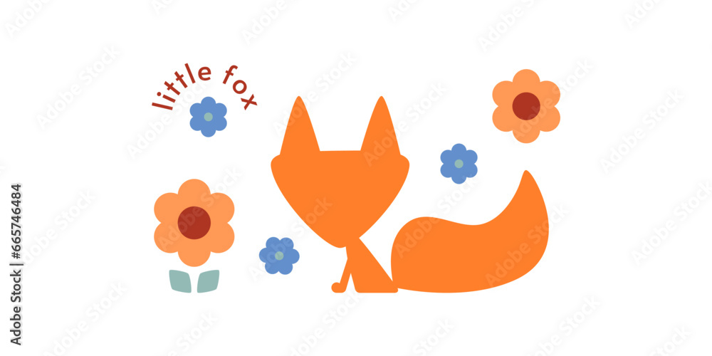 Cute red little fox with flowers and text on white isolated background ...