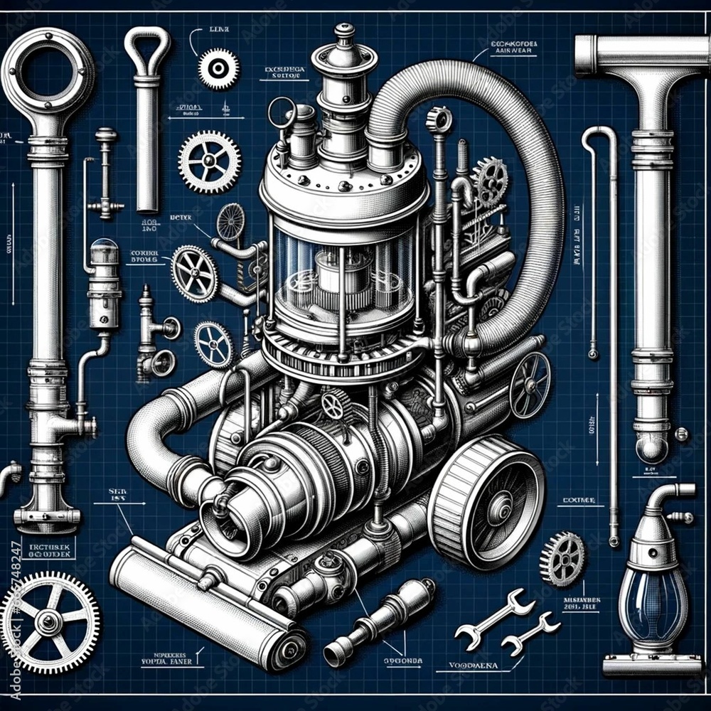 AI generated illustration of a schematic diagram of a steampunk vacuum ...