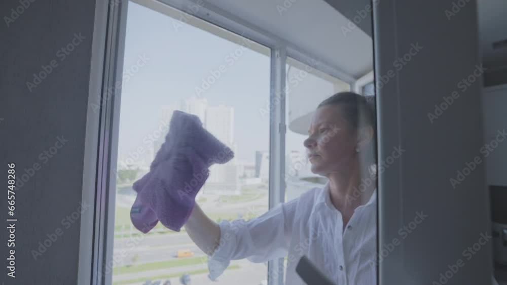 View through window glass of woman wiping window frame with rag in her ...