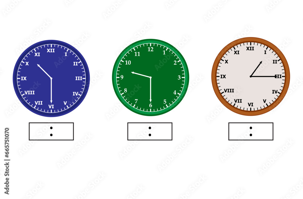 Telling time worksheet. Different color. number clock and Roman letter ...
