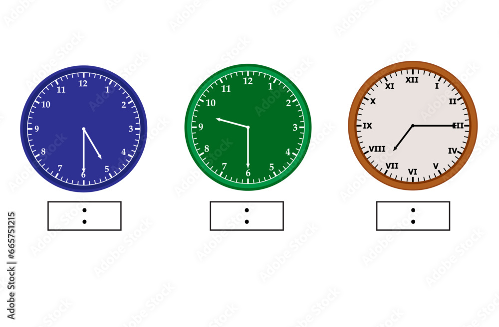 Vetor de Telling time worksheet. Different color. number clock and ...