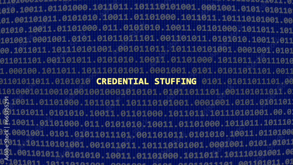 Cyber attack credential stuffing. Vulnerability text in binary system ascii art style, code on ...