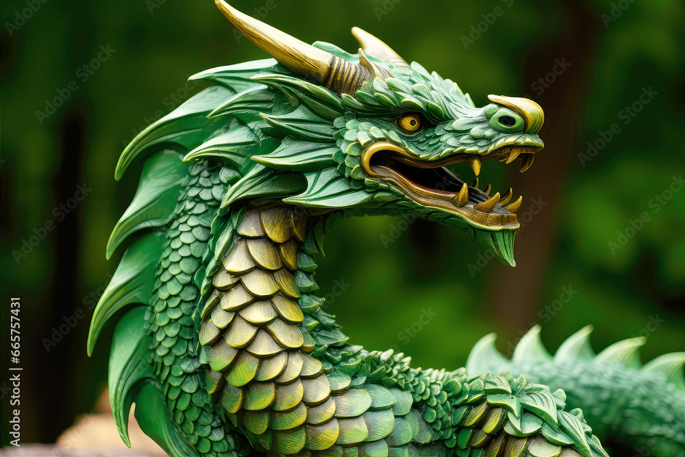 Green dragon statue. Symbol of 2024 on blurred background. Green ...