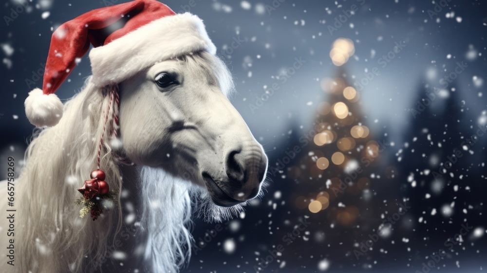 White Christmas Horse donning a Santa Hat playfully prancing in snowy ...