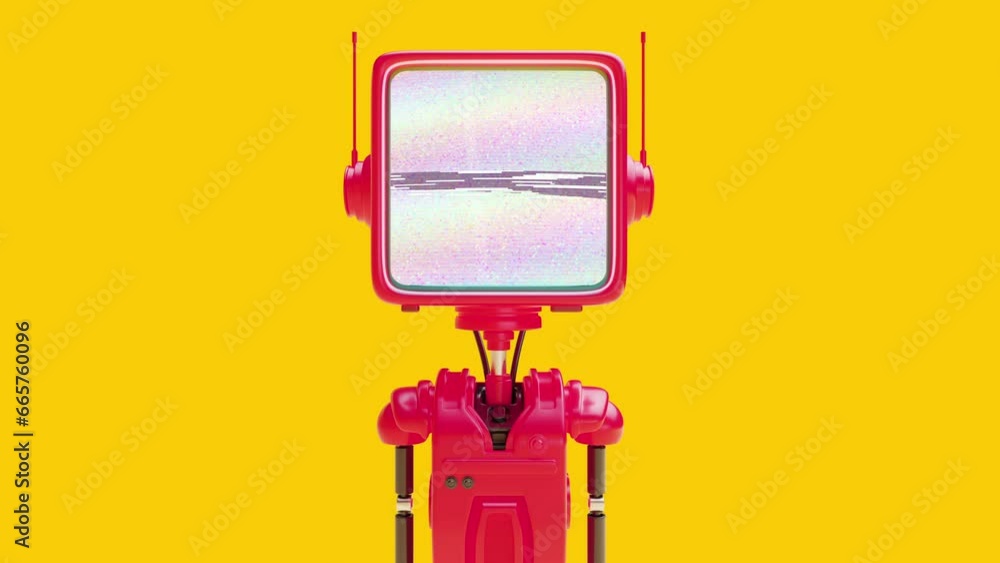 Cartoon robot with head shaped like monitor and digital noise on screen ...