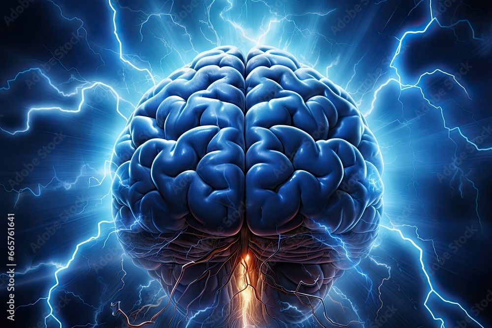 Human brain with lightning strike effect. Mental health, anatomy ...