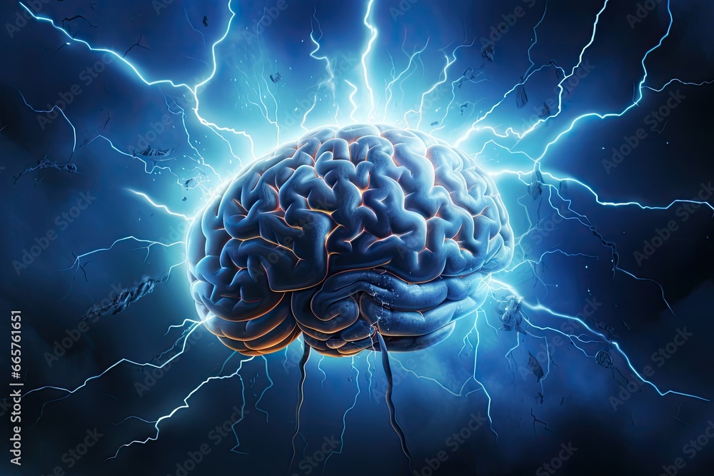 Human brain with lightning strike effect. Mental health, anatomy ...