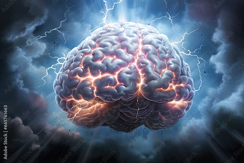 Human brain with lightning strike effect. Mental health, anatomy ...