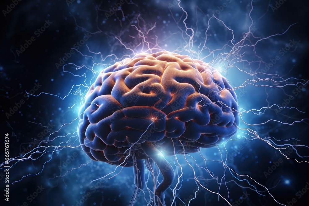 Human brain with lightning strike effect. Mental health, anatomy ...