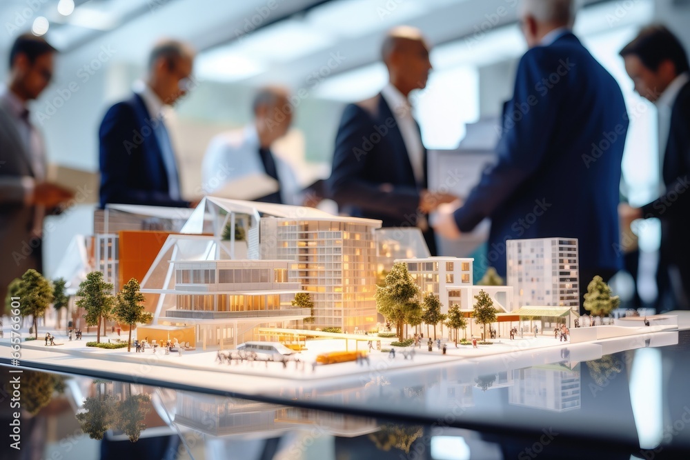 An architectural meeting centered around a miniature urban model ...