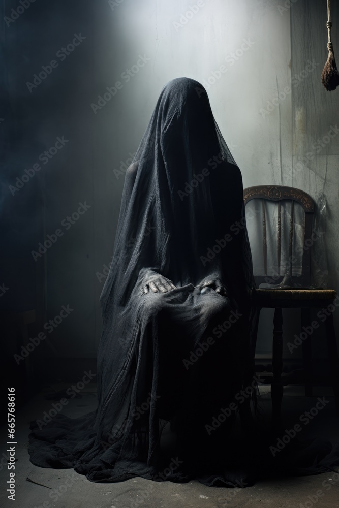 Old dark spooky concrete room prison. imprisoned, imprisonment. Torture. Hostage. Woman with a ...