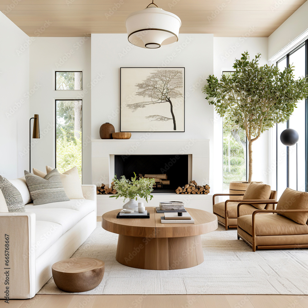 Round wood coffee table between white fabric sofa and shabby brown leather chairs against ...