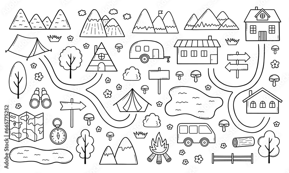 Kids camping map doodle. Village map with mountains, forest, roads ...
