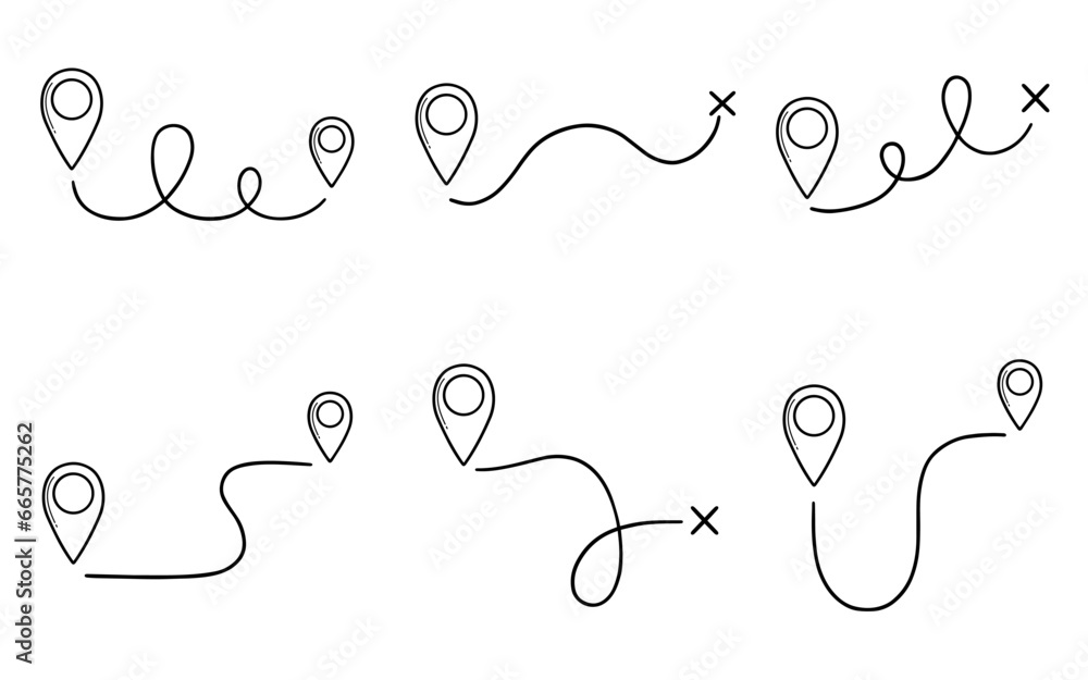 Map distance measuring doodle set. Navigation sign, location pointers ...