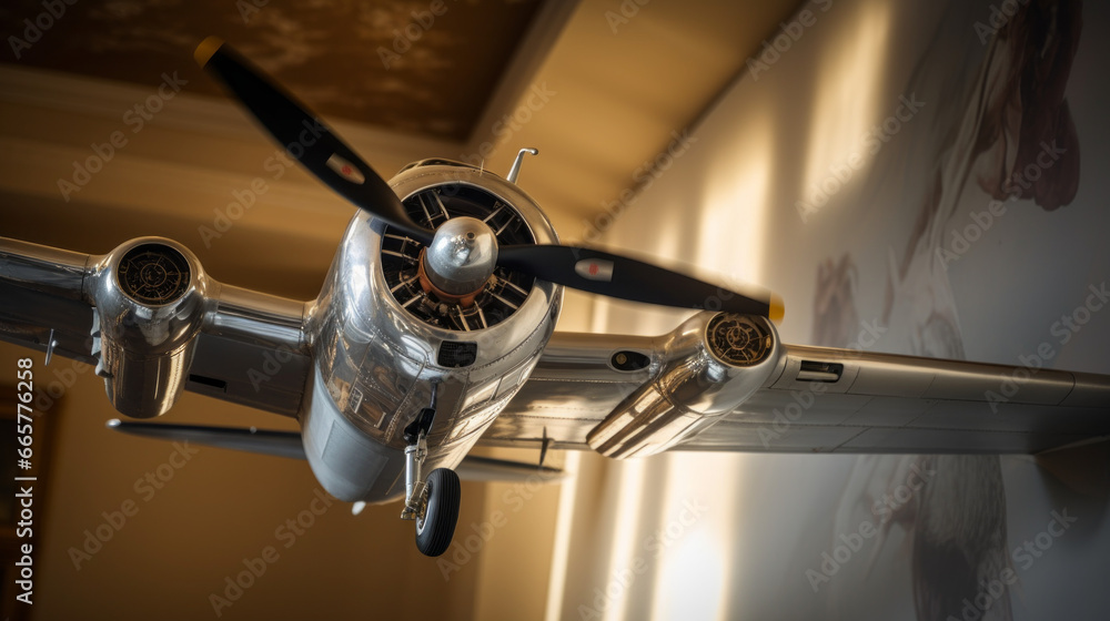 A model plane hanging from the ceiling, propellers whirring in the air ...