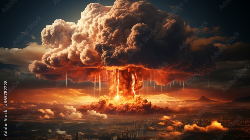 Ilustrace „Nuclear explosion day or night. Stormy sky, shock wave ...