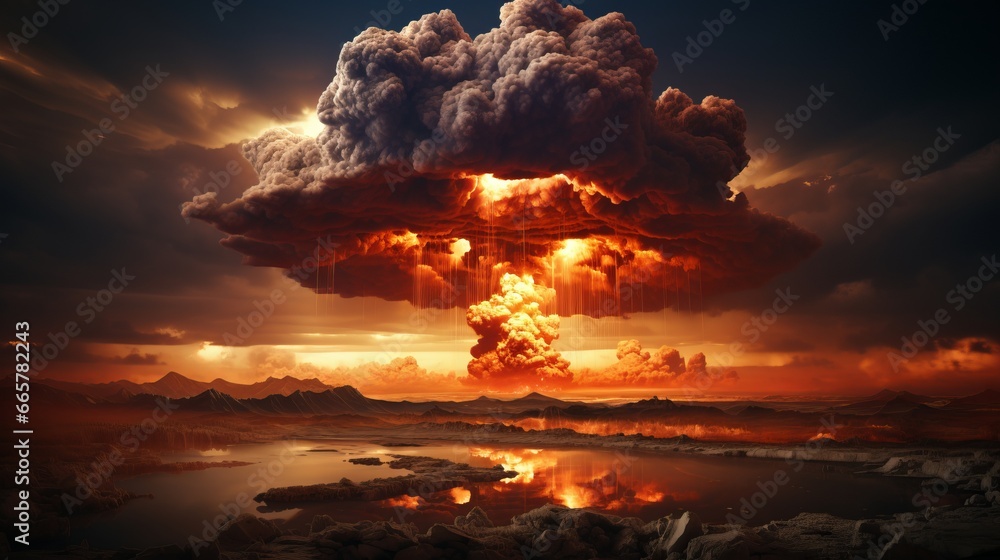 Nuclear explosion day or night. Stormy sky, shock wave against the ...