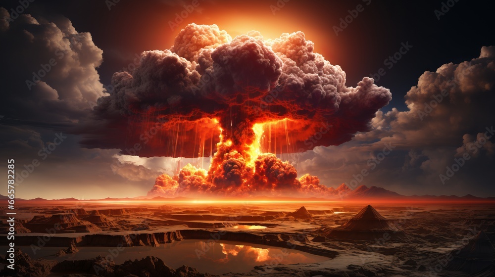 Nuclear explosion day or night. Stormy sky, shock wave against the ...