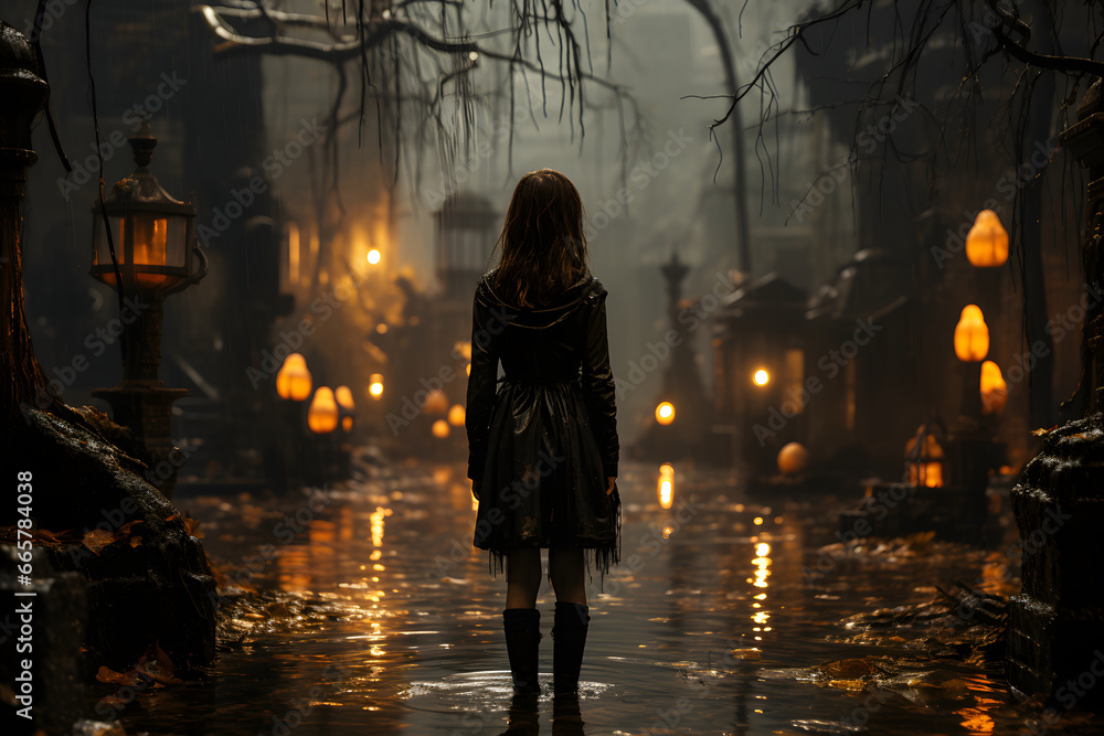 A halooween, creepy, scary, horror lil girl in a haunted, horror road ...