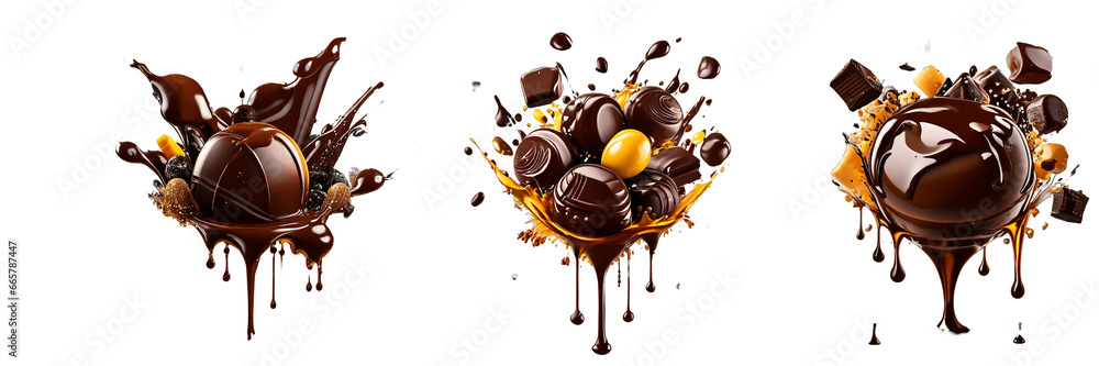 Liquid chocolate and bonbons explode, splashing in the air. Image ...