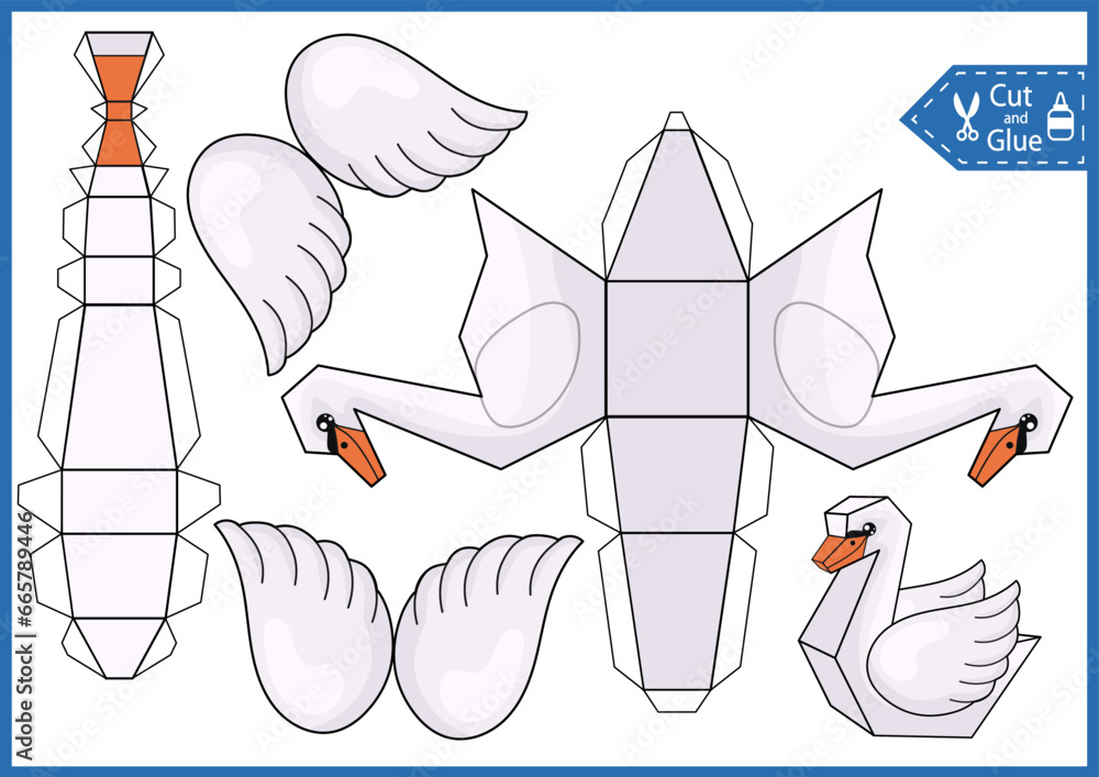 Children craft game cut and glue paper 3d white swan. Kids papercraft ...