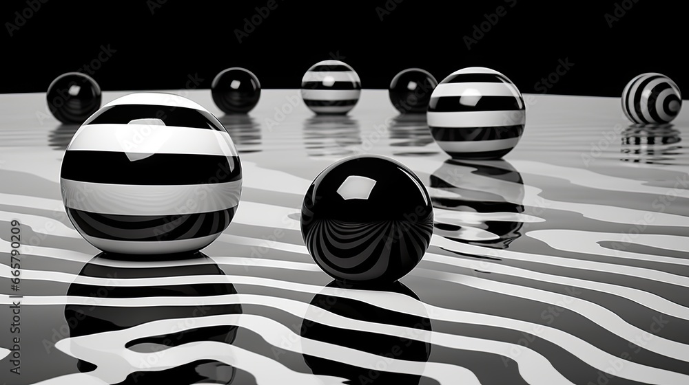 Black and white striped surface with many spheres with different ...