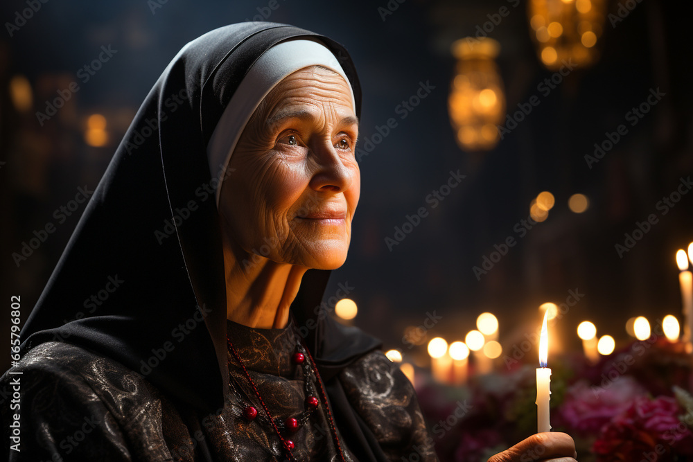 Nun, a member of a religious community leading a nun's life. member of ...