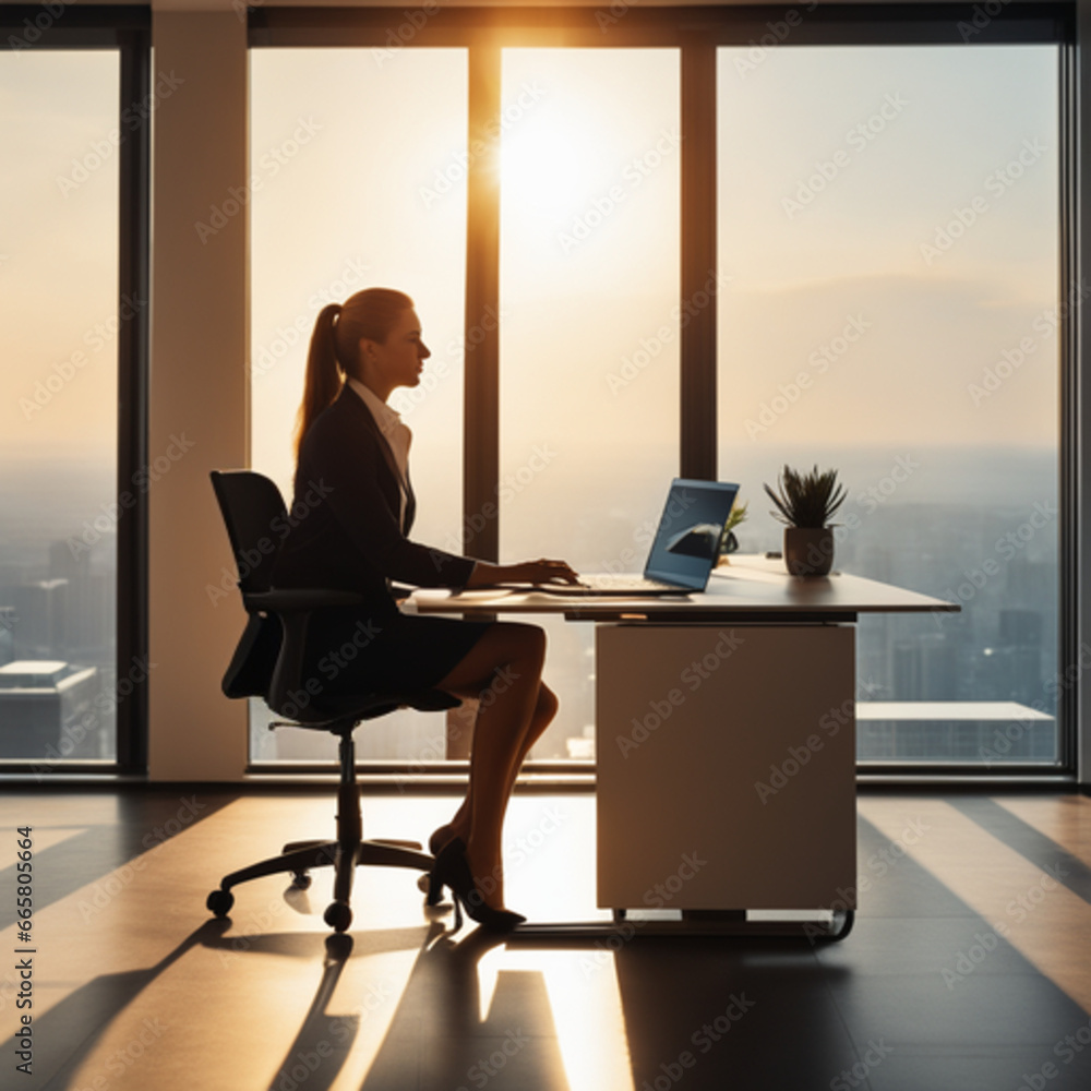 silhouette of a CEO woman in the office with the sun in the background ...